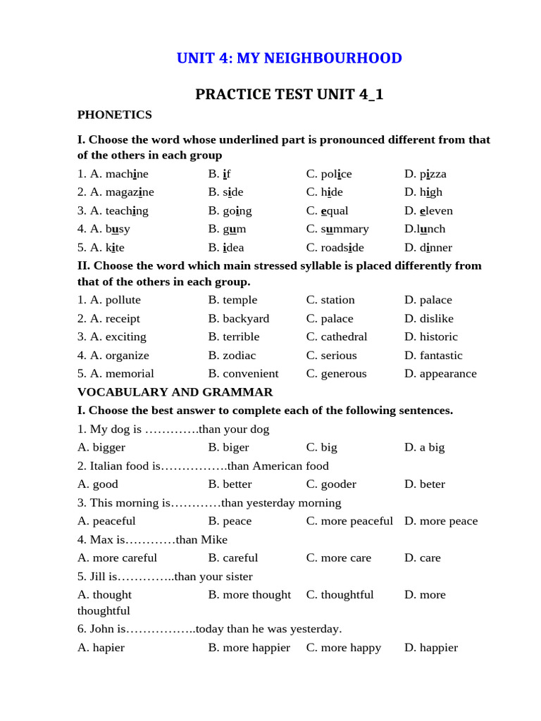 Unit 4 My Neighbourhood. Test | PDF | Neighbourhood | Linguistics