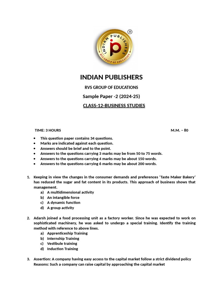 BST 12th Sample Paper CBSE 2024-25 Indian Publishers 2 | PDF | Goal | Banks