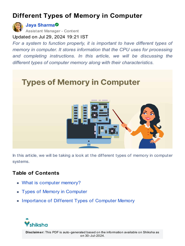 Different Types of Memory in Computer: Jaya Sharma | PDF | Random ...