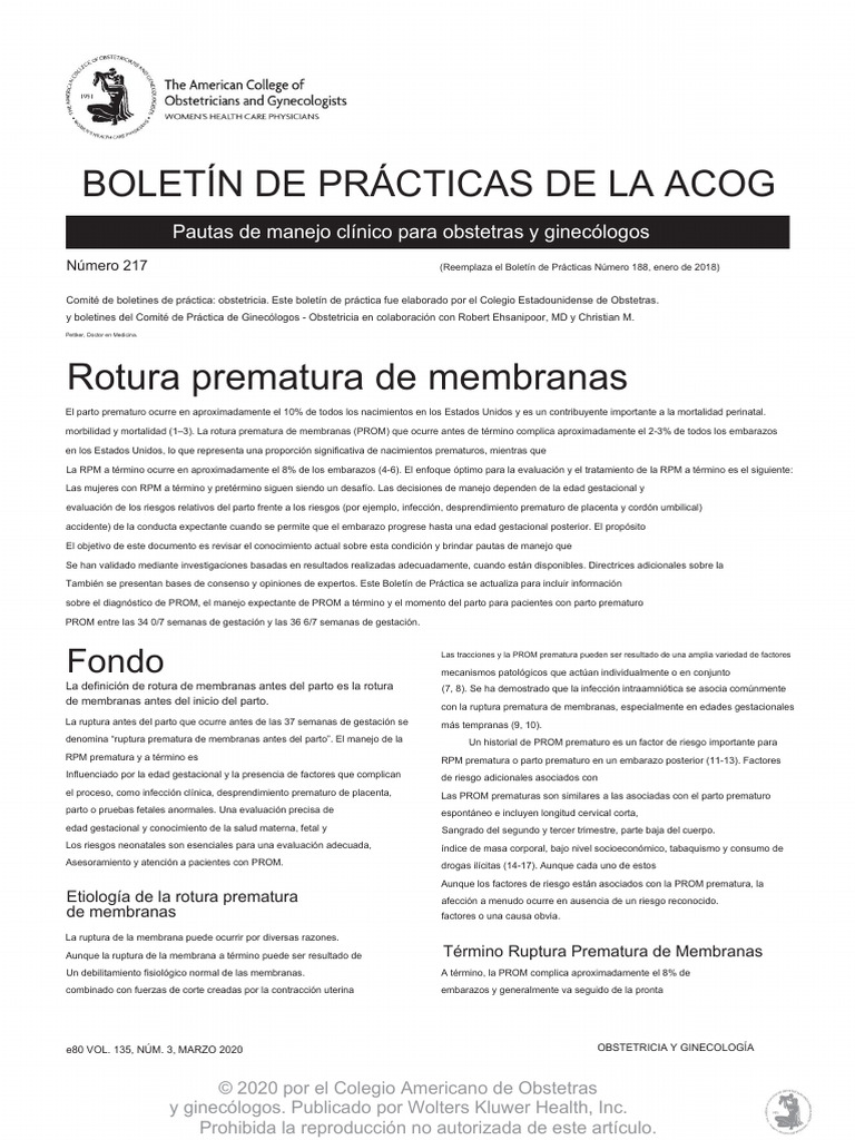 Prelabor Rupture of Membranes - ACOG Practice Bulletin, Number 217 ...