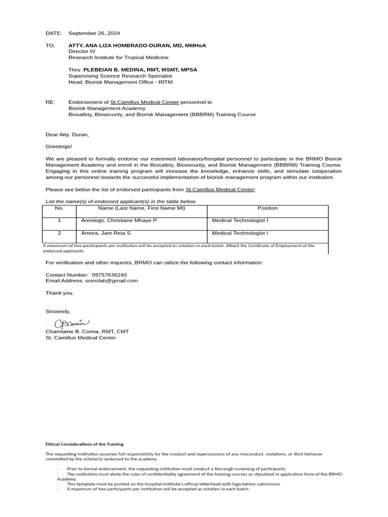 RITM Endorsement Letter Biorisk | PDF | Health Care