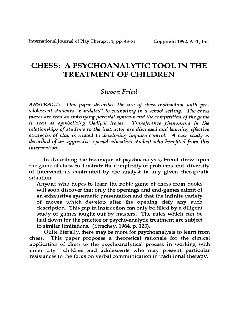 Chess: A Psychoanalytic Tool in The Treatment of Children: Steven Fried ...