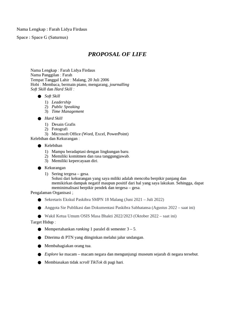 Contoh Tugas Proposal of Life | PDF | Karier & Perkembangan