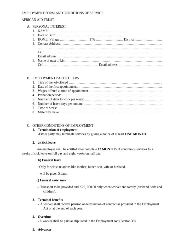 Employment Form and Conditions of Services | PDF | Employment | Salary