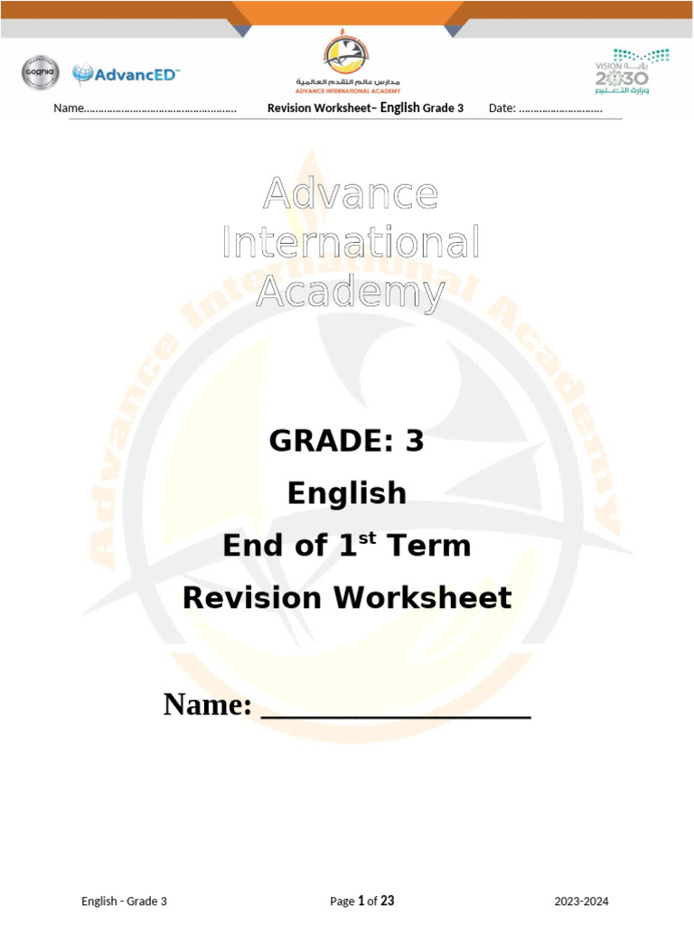 Grade 3 English Revision Worksheet | PDF | Syllable | English Language