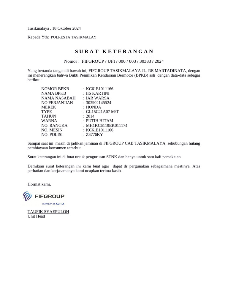 Surat Keterangan BPKB FIFGROUP Tasikmalaya | PDF