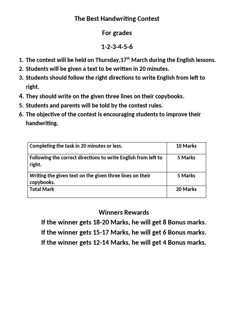 Handwrting Contest For Grades 1-5 | PDF