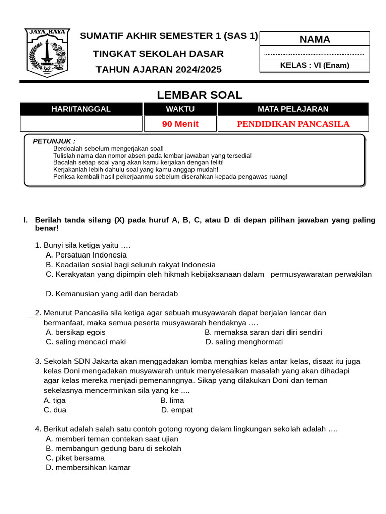 Soal Sas 1 CB PKN 6 | PDF