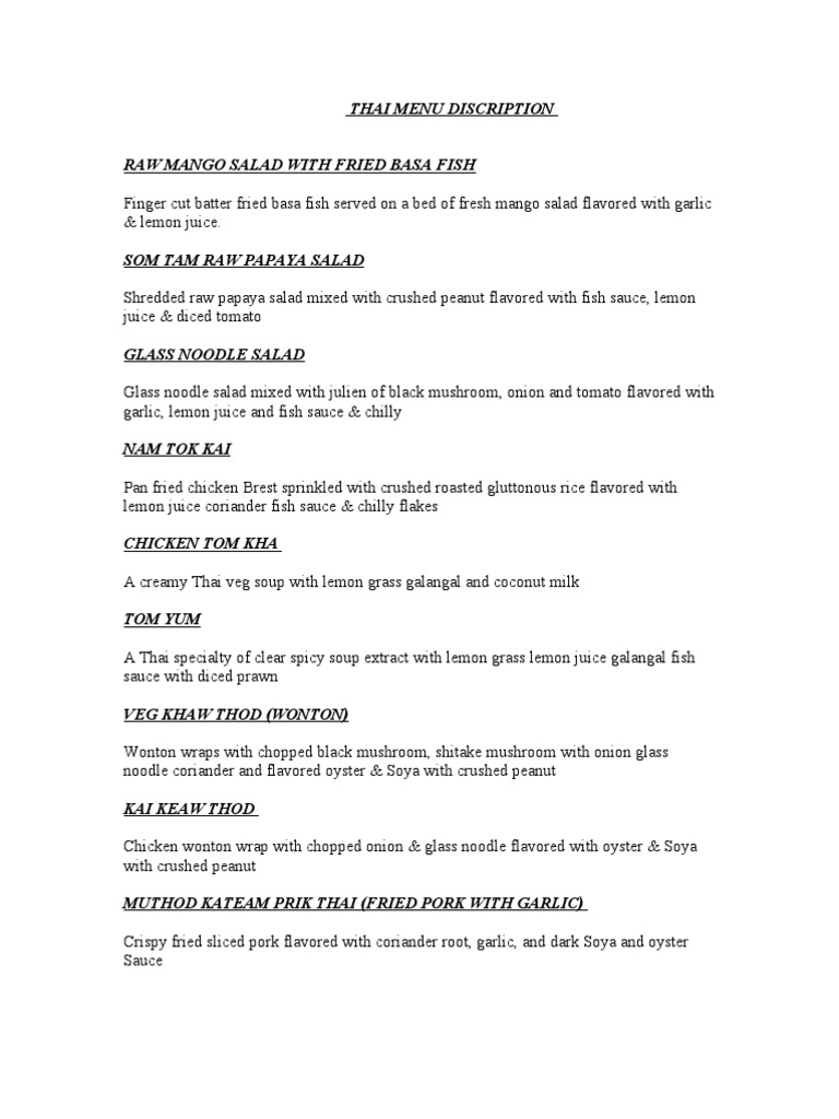 Thai Menu Description | PDF | Thai Cuisine | Curry