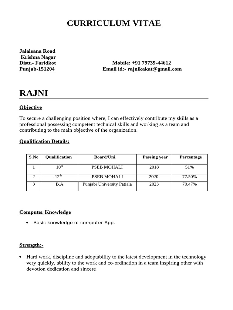 Rajni: Curriculum Vitae | PDF