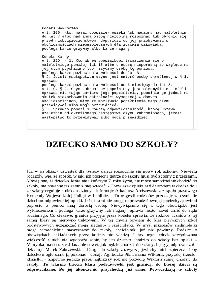 Dziecko Samo Do Szkoły | PDF