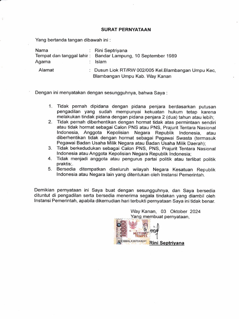 Surat Pernyataan - Rini | PDF