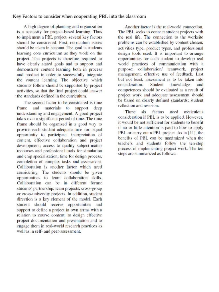 S3.key Factors To Consider When Cooperating PBL Into The Classroom | PDF