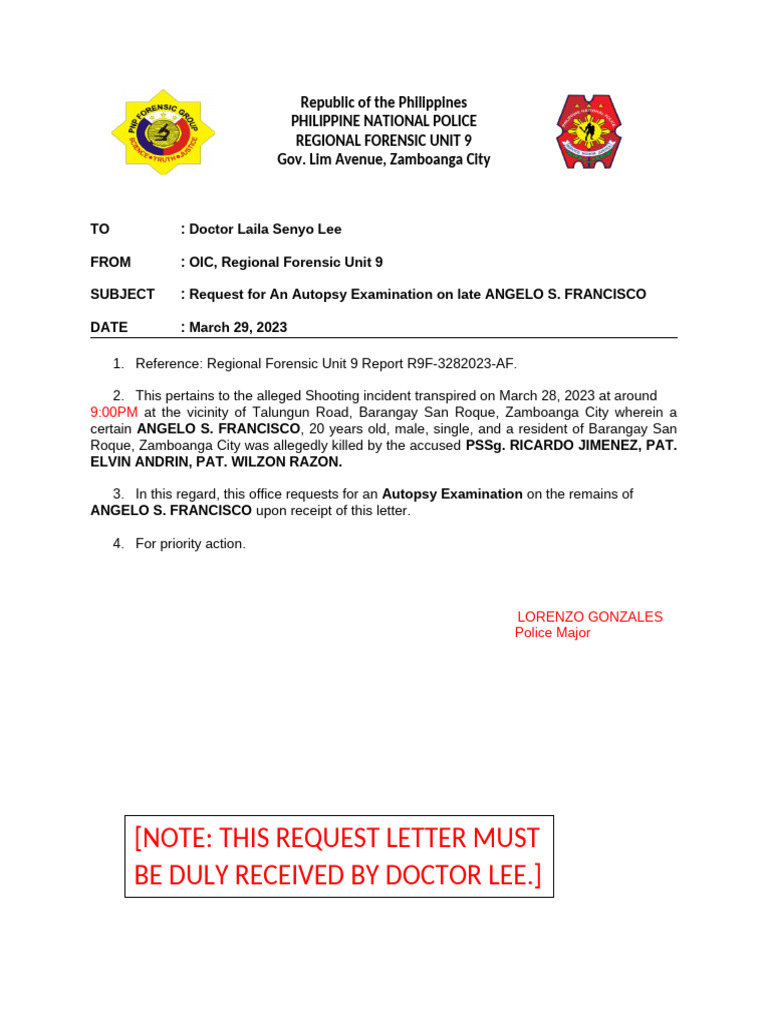 Request Letter To Conduct Autopsy | PDF