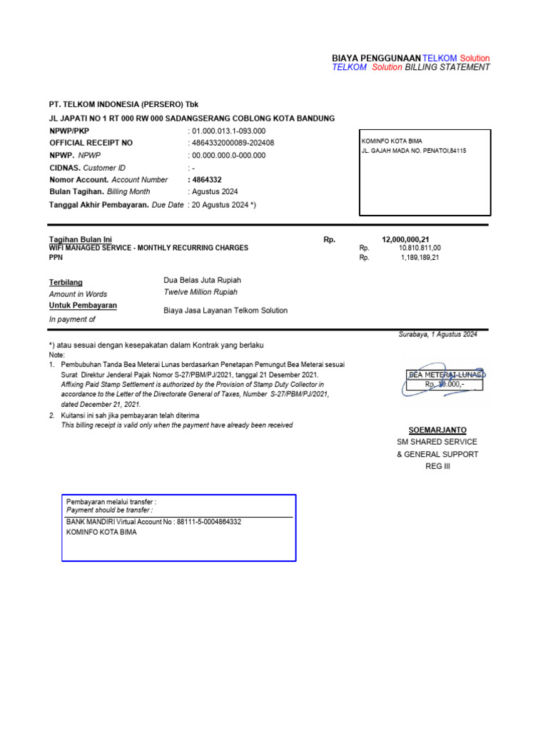 Telkom - Invoice - 4864332 - 202408-KOMINFO KOTA BIMA (OK) | PDF | Payments