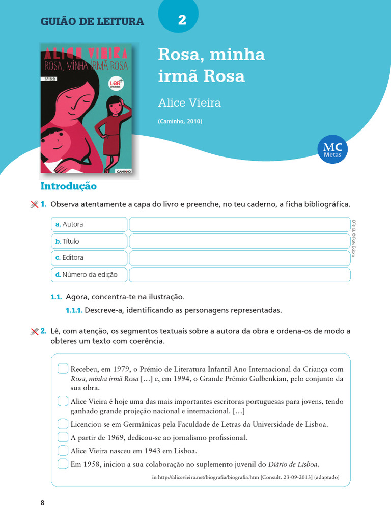 Guiao Leitura Rosa Minha Irma Rosa | PDF