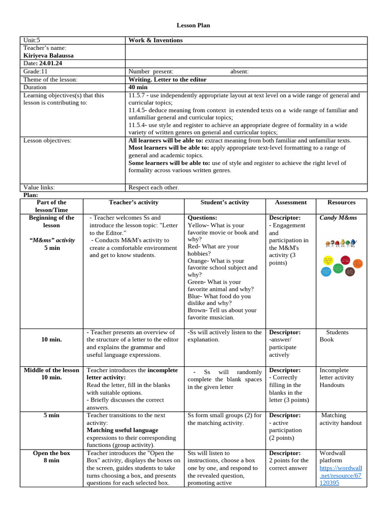 11 A Lesson Plan 24.01.2024 | PDF | Educational Technology | Lesson Plan