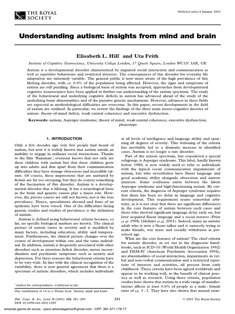 Understanding Autism Insights From Mind and Brain | PDF | Autism ...