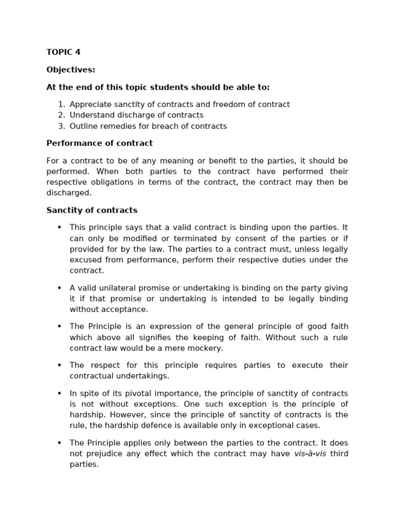 Topic 4 Performance of Contracts | PDF | Damages | Specific Performance