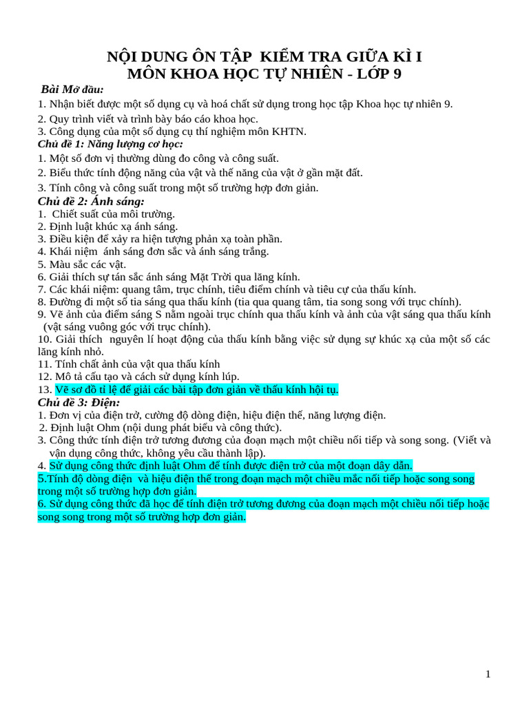 Nội dung ôn tập KTGKI - KHTN9 - 2425 | PDF