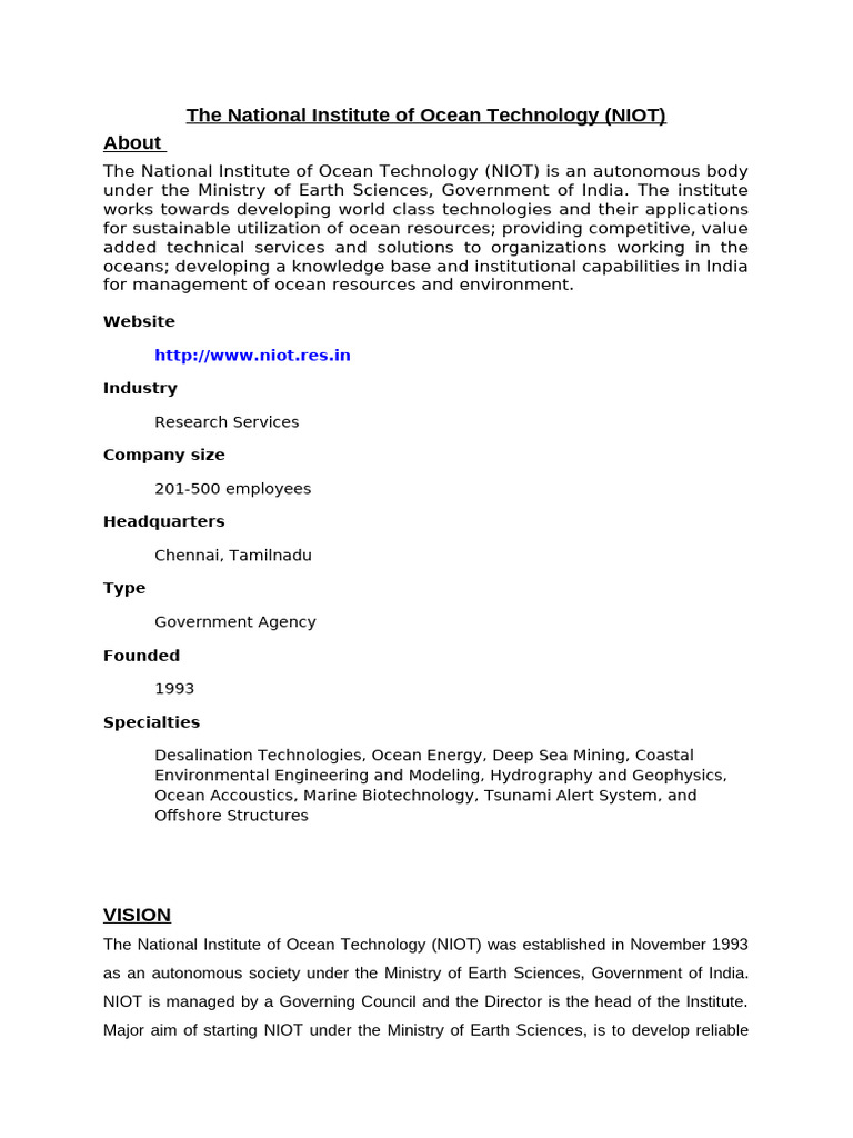 The National Institute of Ocean Technology (NIOT) About: Website | PDF ...