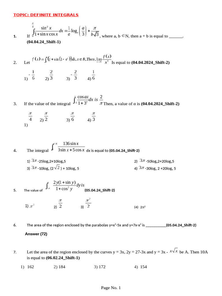 Definite Integrals | PDF | Elementary Mathematics | Algebra