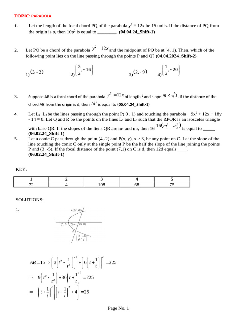 Parabola | PDF | Teaching Methods & Materials