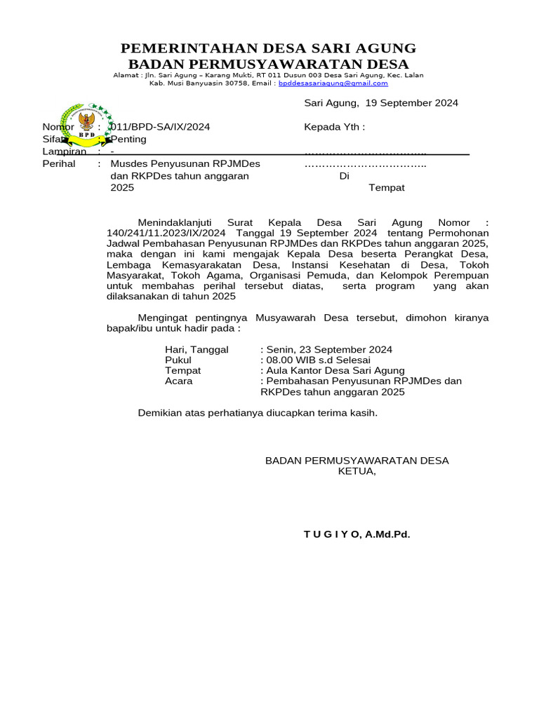 Undangan Rapat BPD | PDF