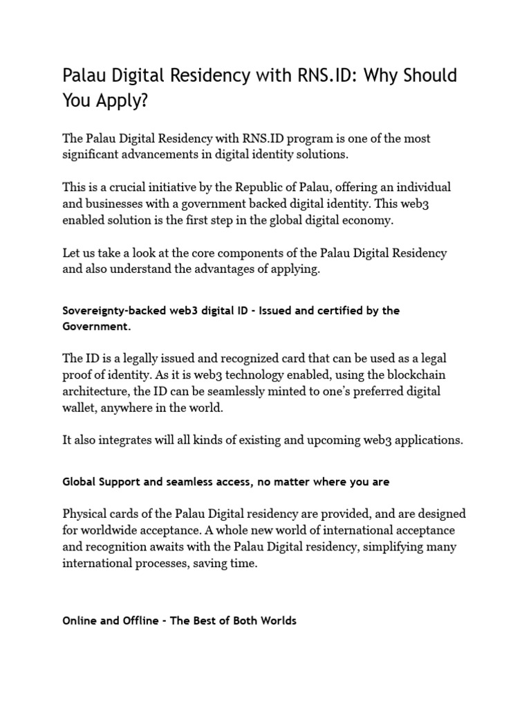 Palau Digital Residency With RNS - ID - Why Should You Apply | PDF | Identity Document | Economies