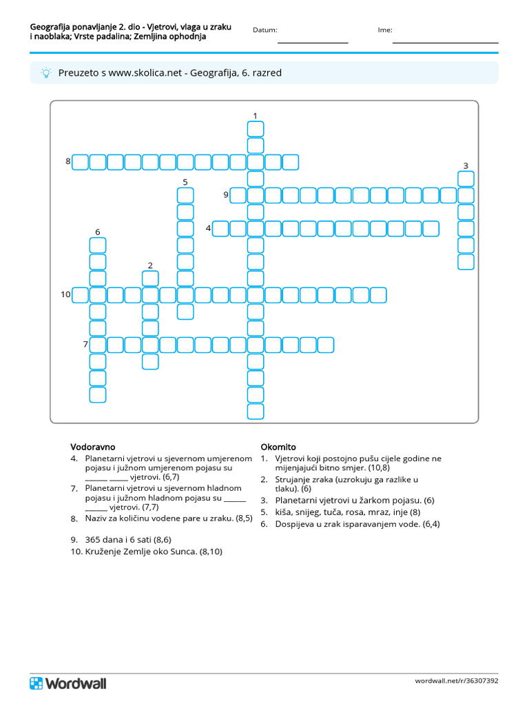 Radni Listic Geografija 6 Razred Ponavljanje 1 Ispit | PDF