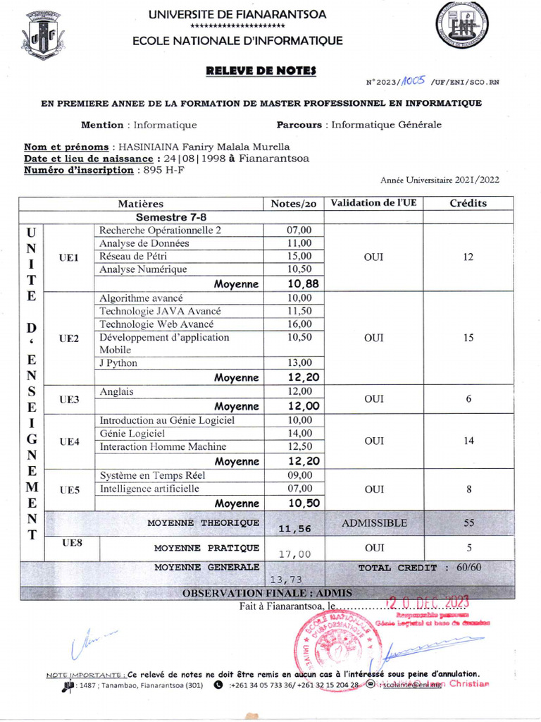 Releve de Notes 1005 | PDF