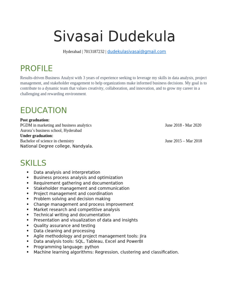 Siva's BA Resume (1) 2 | PDF | Data Analysis | Data