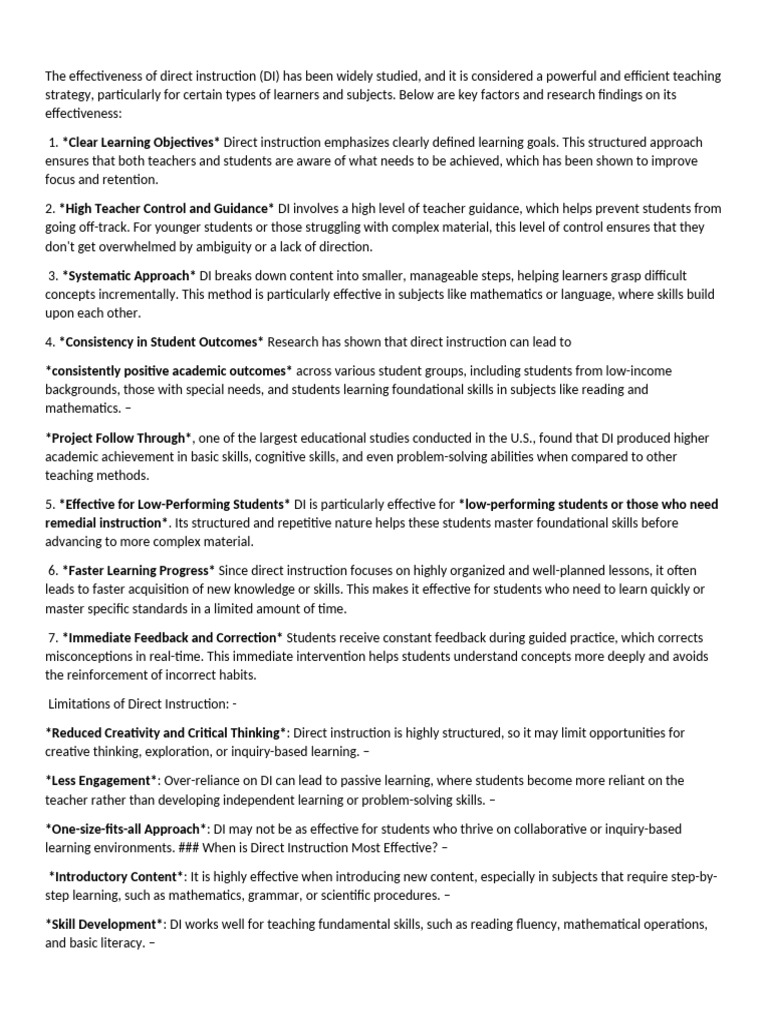 Effectiveness of Direct Instruction in Teaching | PDF | Learning ...