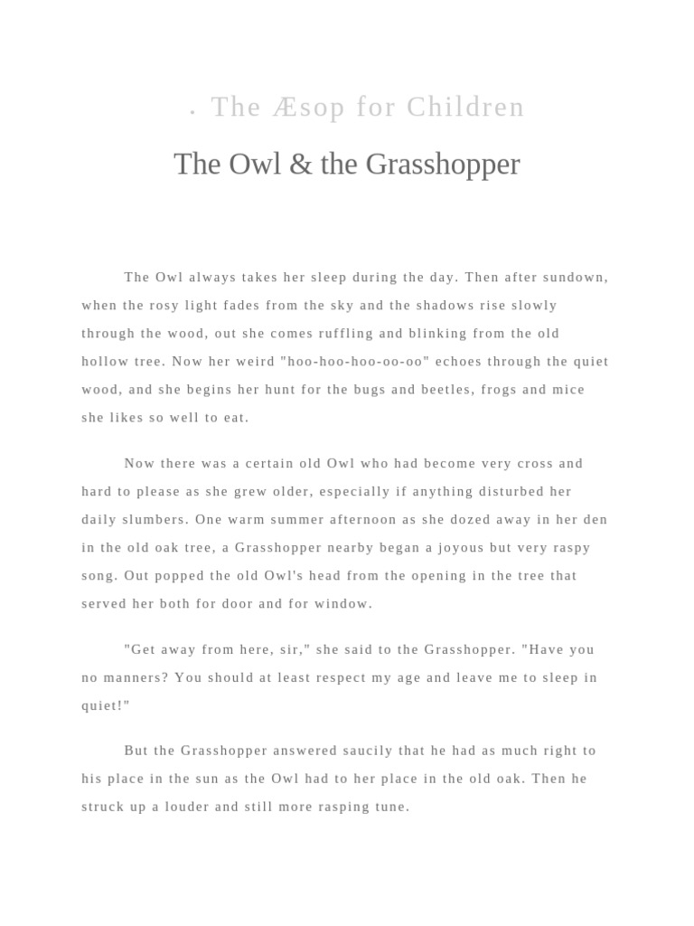 The Owl and the Grasshopper Fable | PDF