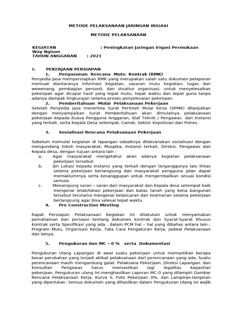 Metode Pelaksanaan Jaringan Irigasi Way Ngison CV Athifa Kalya | PDF