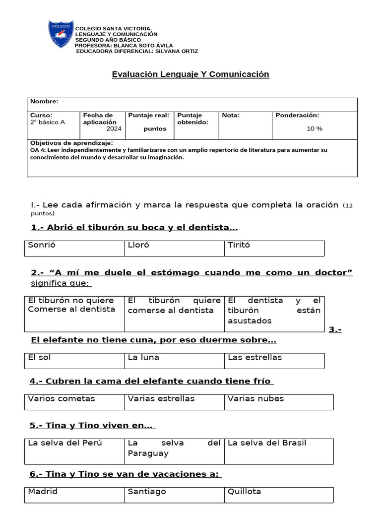 Prueba El Tiburon Va Al Dentista 2 Básico 2024 | PDF | Estudios de ...