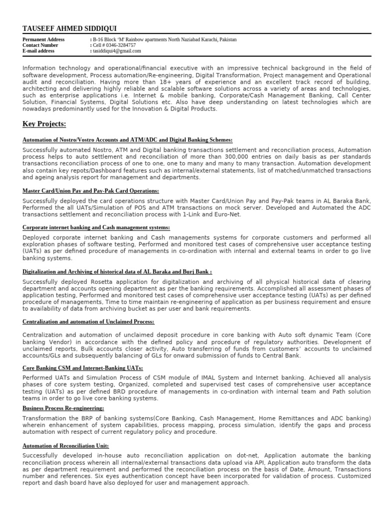 Tauseef Ahmed Siddiqui CV 123 | PDF | Banks | Automated Teller Machine