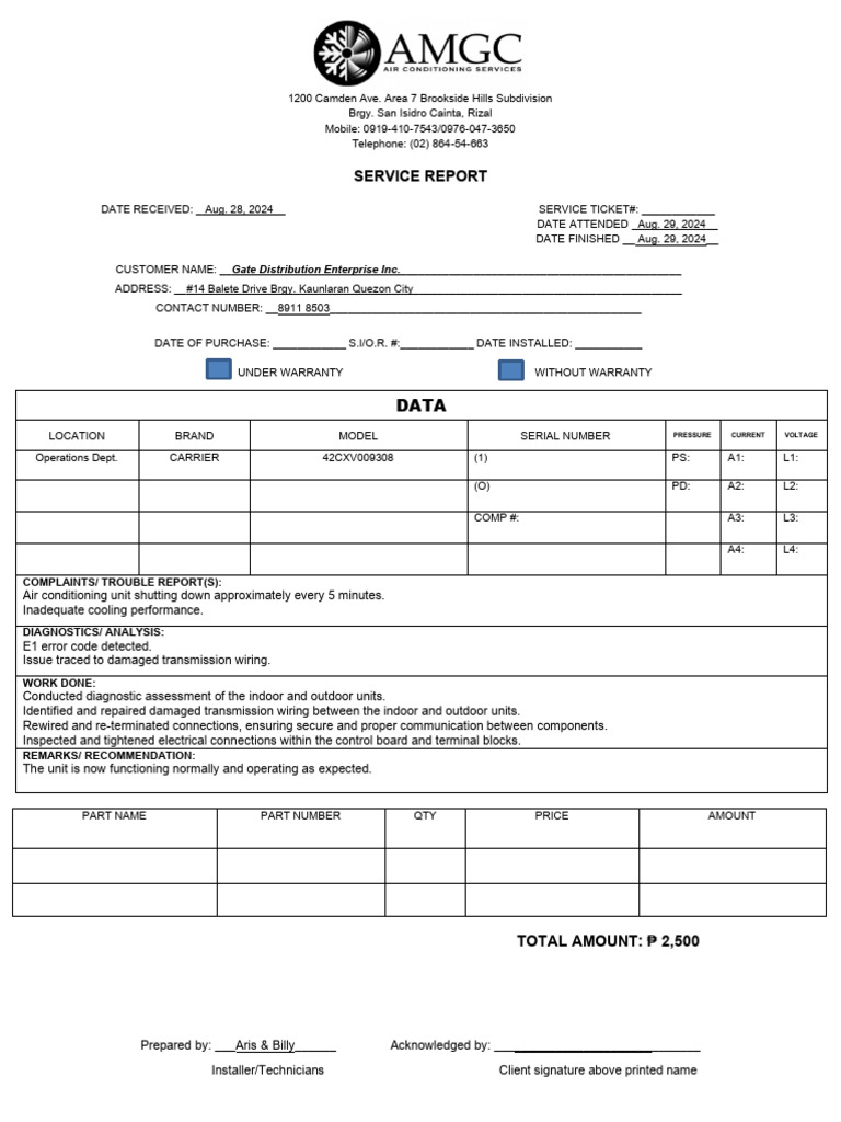 Service Report Aug 29 2024 Service Report | PDF | Manufactured Goods | Electronics