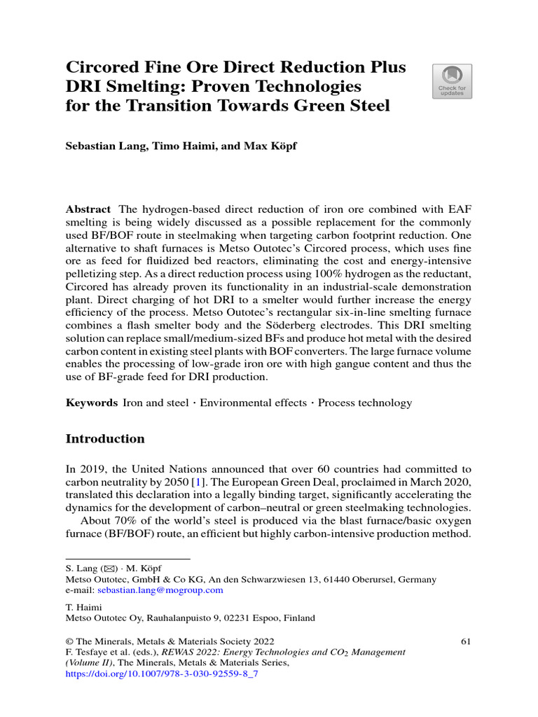 Circored: Hydrogen-Based Iron Reduction | PDF | Steelmaking | Smelting
