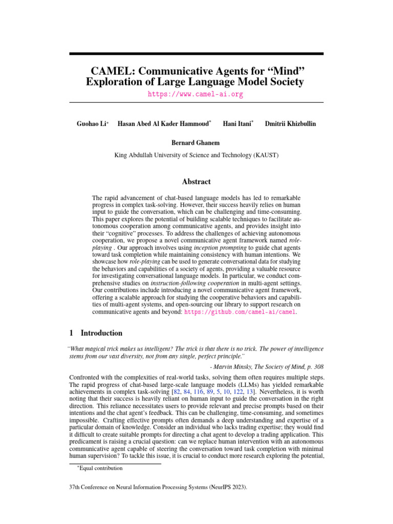 CAMEL - Communicative Agents For "Mind" Exploration of Large Language Model Society | PDF ...