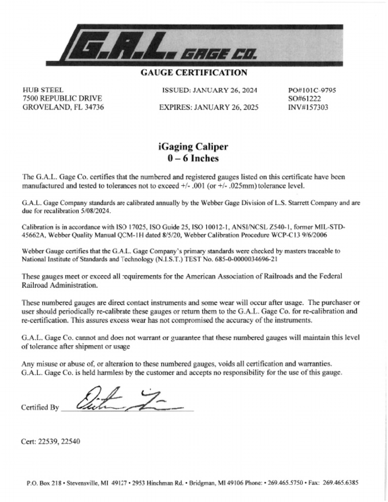 Caliper Calibration Certificate Jan 2024-Jan 2025 | PDF
