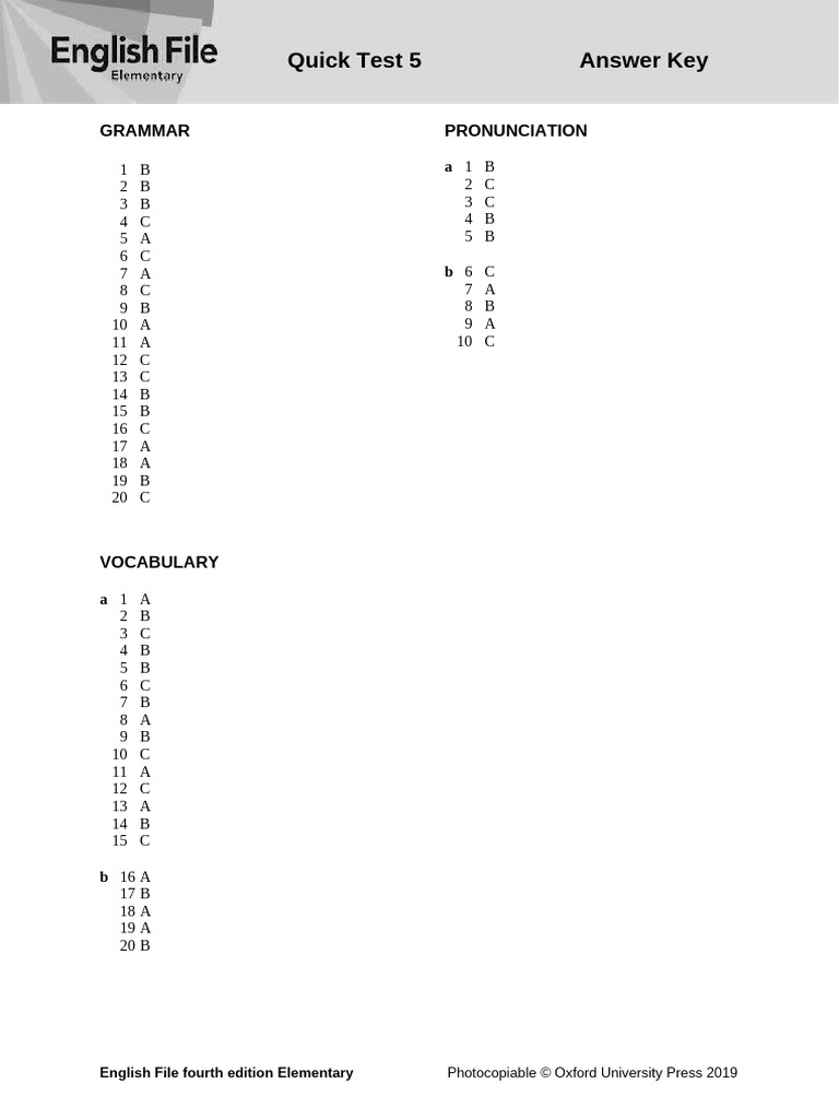 EF4e Elem Quicktest5 Answer Key | PDF