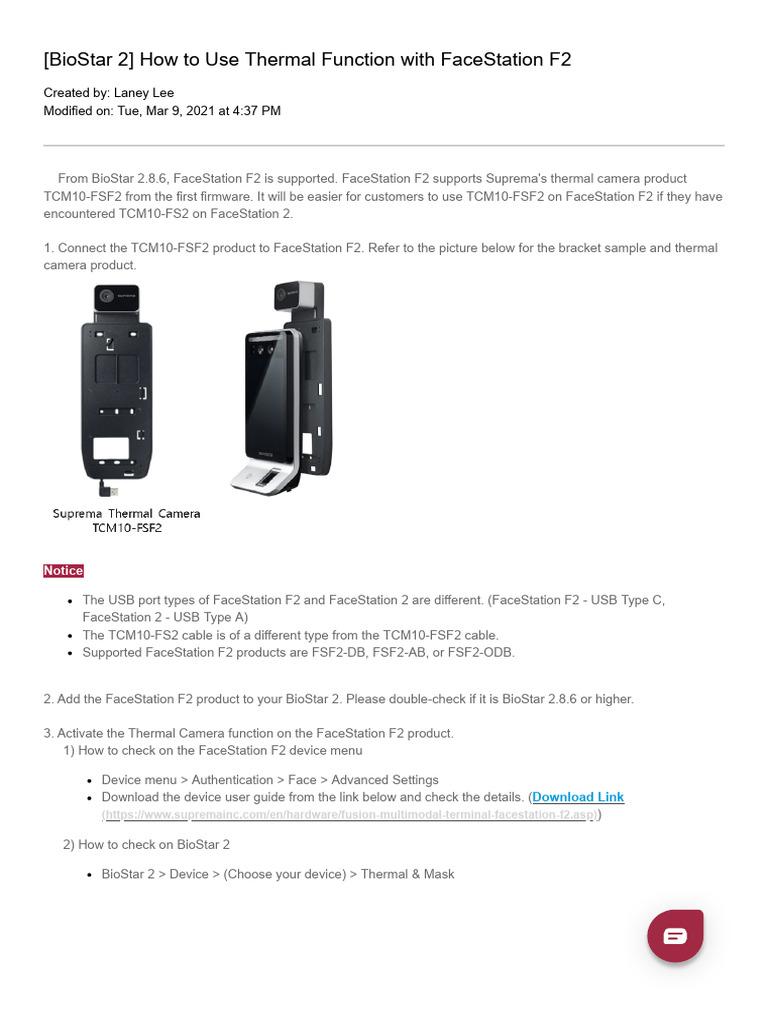 (BioStar 2) How To Use Thermal Function With FaceStation F2 - Technical Support | PDF