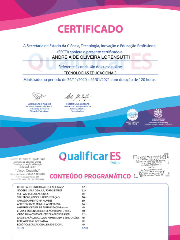 Certificado - Tecnologias Educacionais - Andreia | PDF | Science & Mathematics | Computers