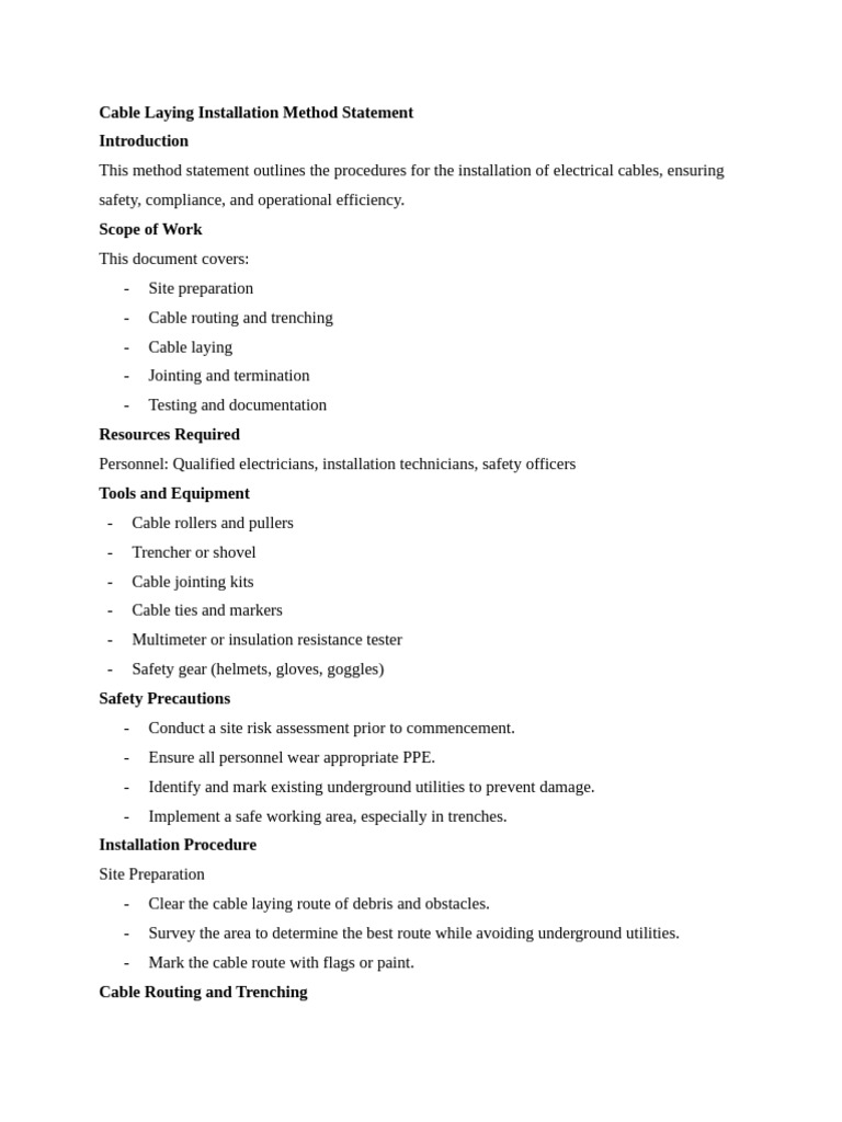 Cable Laying Installation Method Statement | PDF | Trench | Safety