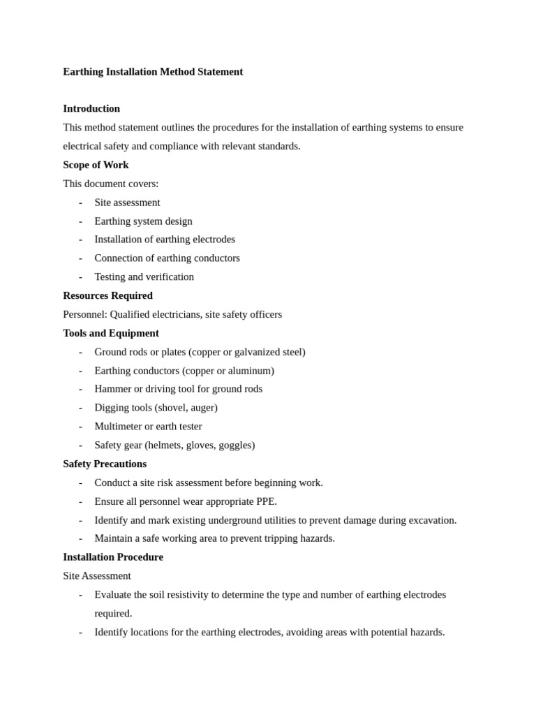 Earthing Installation Method Statement | PDF | Safety | Electrical ...