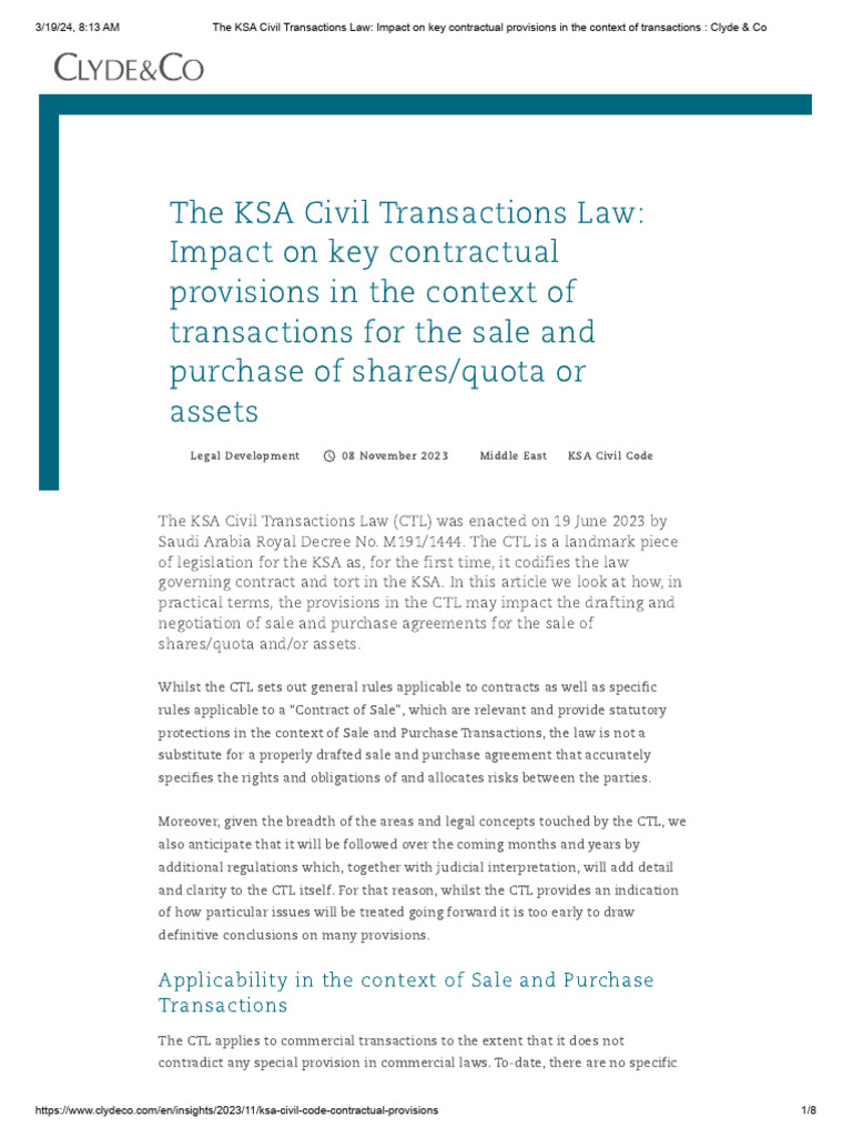 The KSA Civil Transactions Law - Impact On Key Contractual Provisions ...