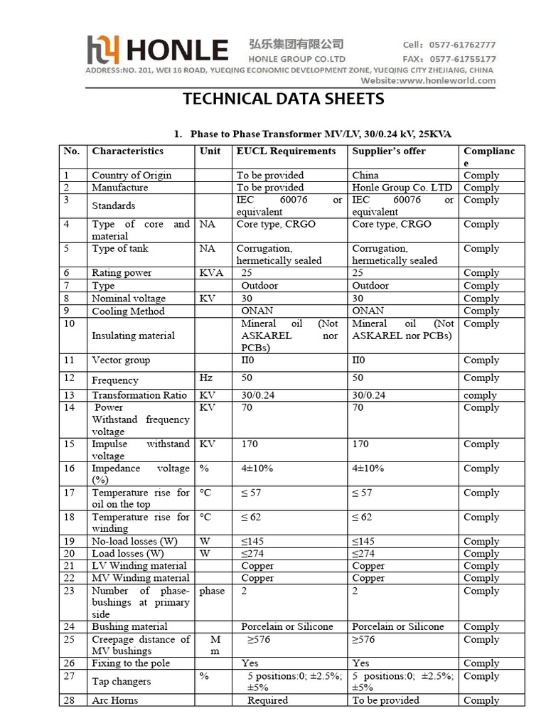 Technical Data Sheets for Transformers | PDF | Transformer | Insulator ...