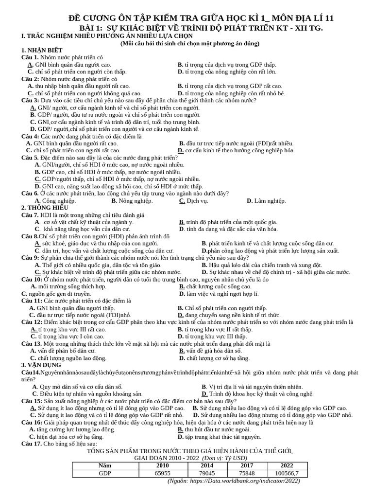 ĐỀ CƯƠNG GIỮA KÌ 1 - LOP11 - Học Sinh | PDF