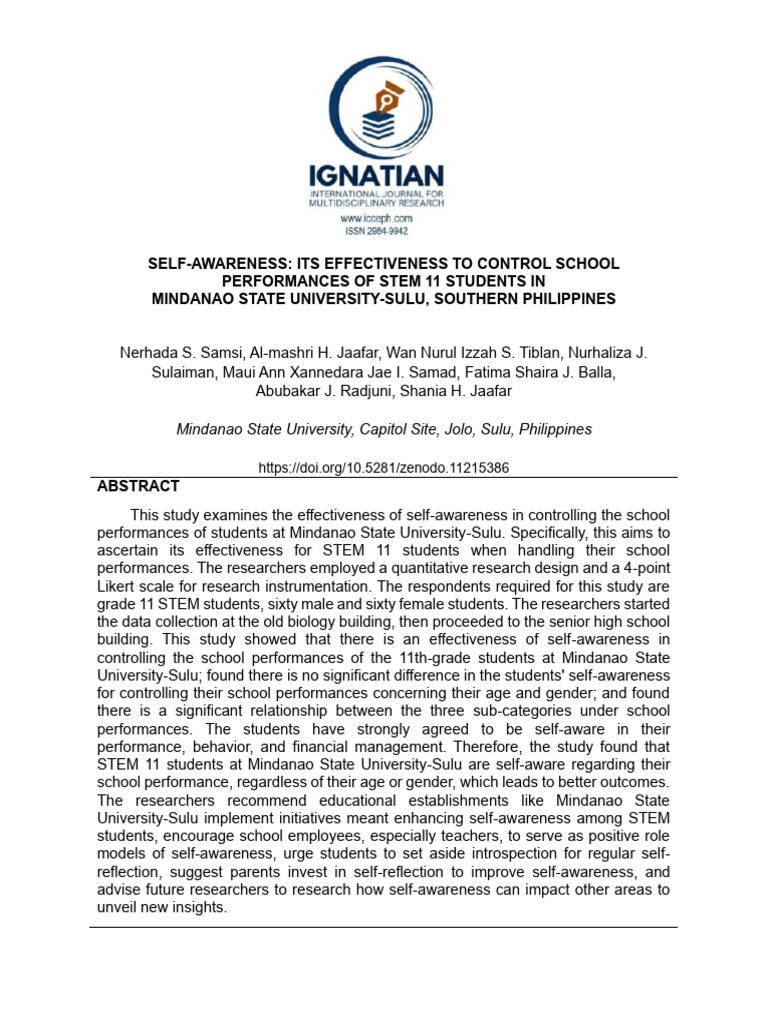 Self Awareness Its Effectiveness To Control School Performances of Stem 11 Students in Mindanao ...